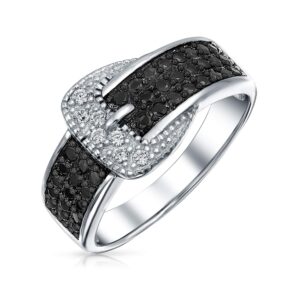 trendy fashion pave cubic zirconia black cz statement belt buckle band ring for women .925 sterling silver