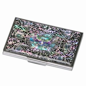 mother of pearl black business card holder purse pocket rfid blocking protection credit id name card holder case metal stainless steel slim money wallet butterfly arabesque design