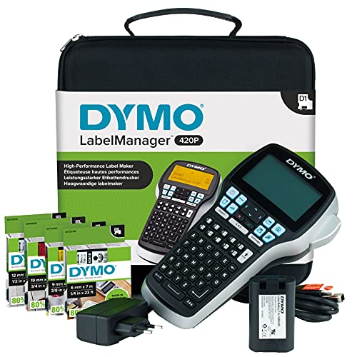 Dymo LabelManager 420P High Performance Rechargeable Portable Label Maker Kit, ABC Keyboard with 4 Rolls of D1 Labels & Carrying Case