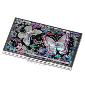 antique alive mother of pearl design rfid blocking protection business card case, credit card holder, metal name card case, engraved slim purse pocket cash money wallet (flower butterfly)