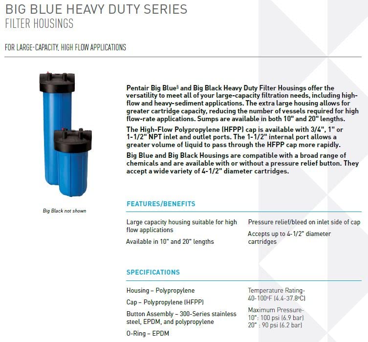 Pentair Pentek 150469 Big Blue Filter Housing, 3/4" NPT #10 Whole House Heavy Duty Water Filter Housing with High-Flow Polypropylene (HFPP) Cap and Pressure Relief Button, 10-Inch, Black/Blue