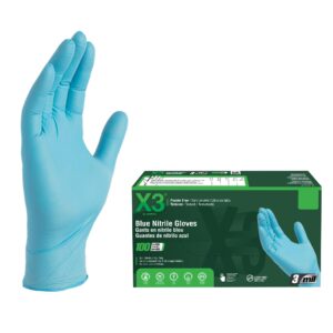 x3 industrial blue nitrile gloves, box of 100, 3 mil, size x-large, latex free, powder free, textured, disposable, non-sterile, food safe, x348100bx