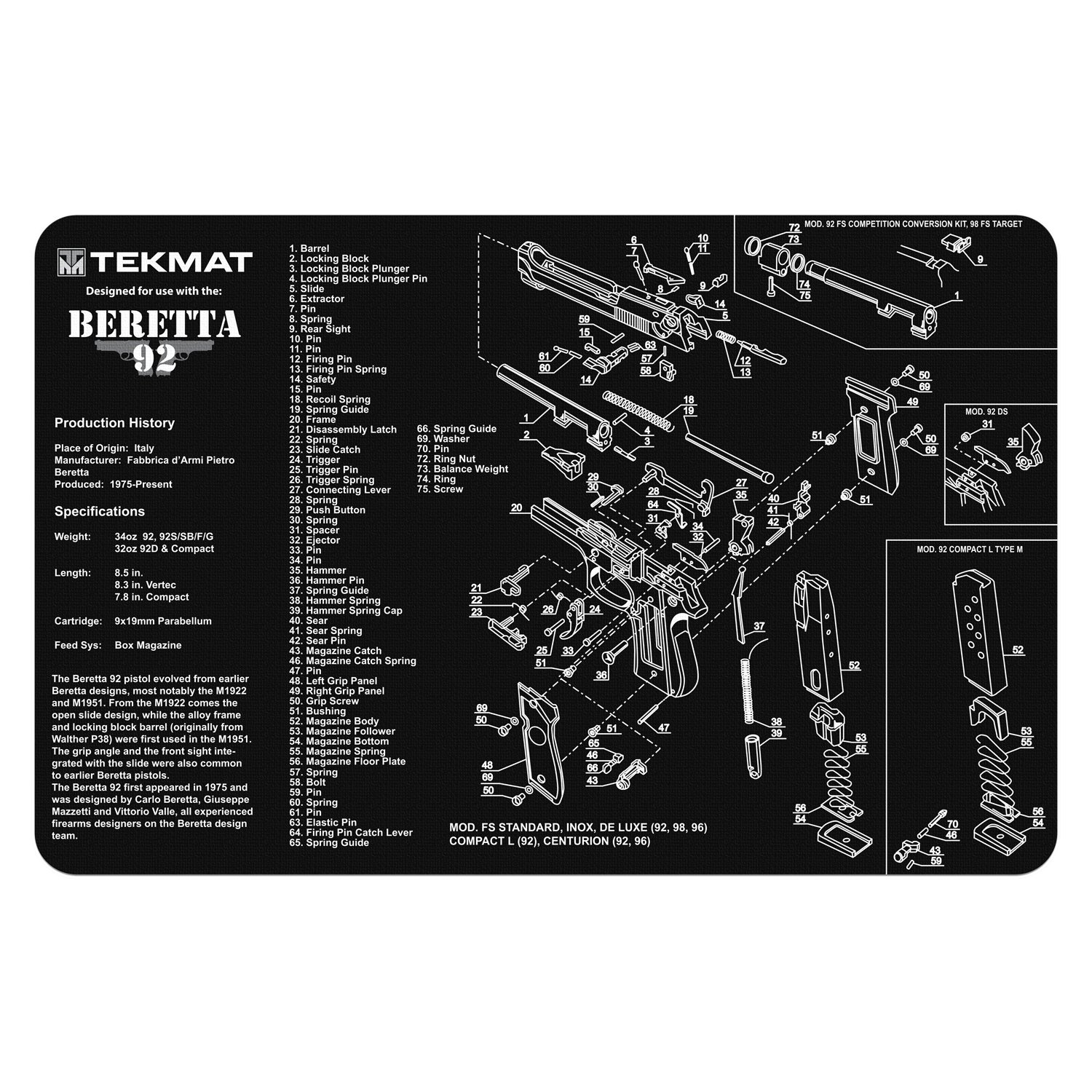 TekMat Gun Cleaning Mat for use with Beretta 92-M9 , Black