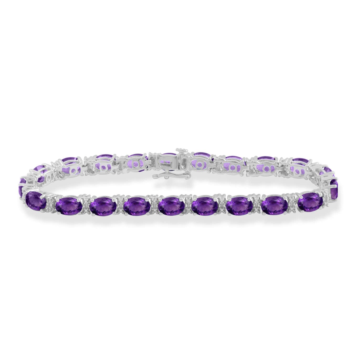 Jewelili Sterling Silver 7x5MM Oval Cut Genuine Amethyst and Natural White Round Diamond Accent Tennis Bracelet, 7.25"