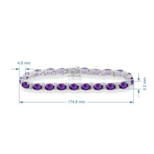 Jewelili Sterling Silver 7x5MM Oval Cut Genuine Amethyst and Natural White Round Diamond Accent Tennis Bracelet, 7.25"