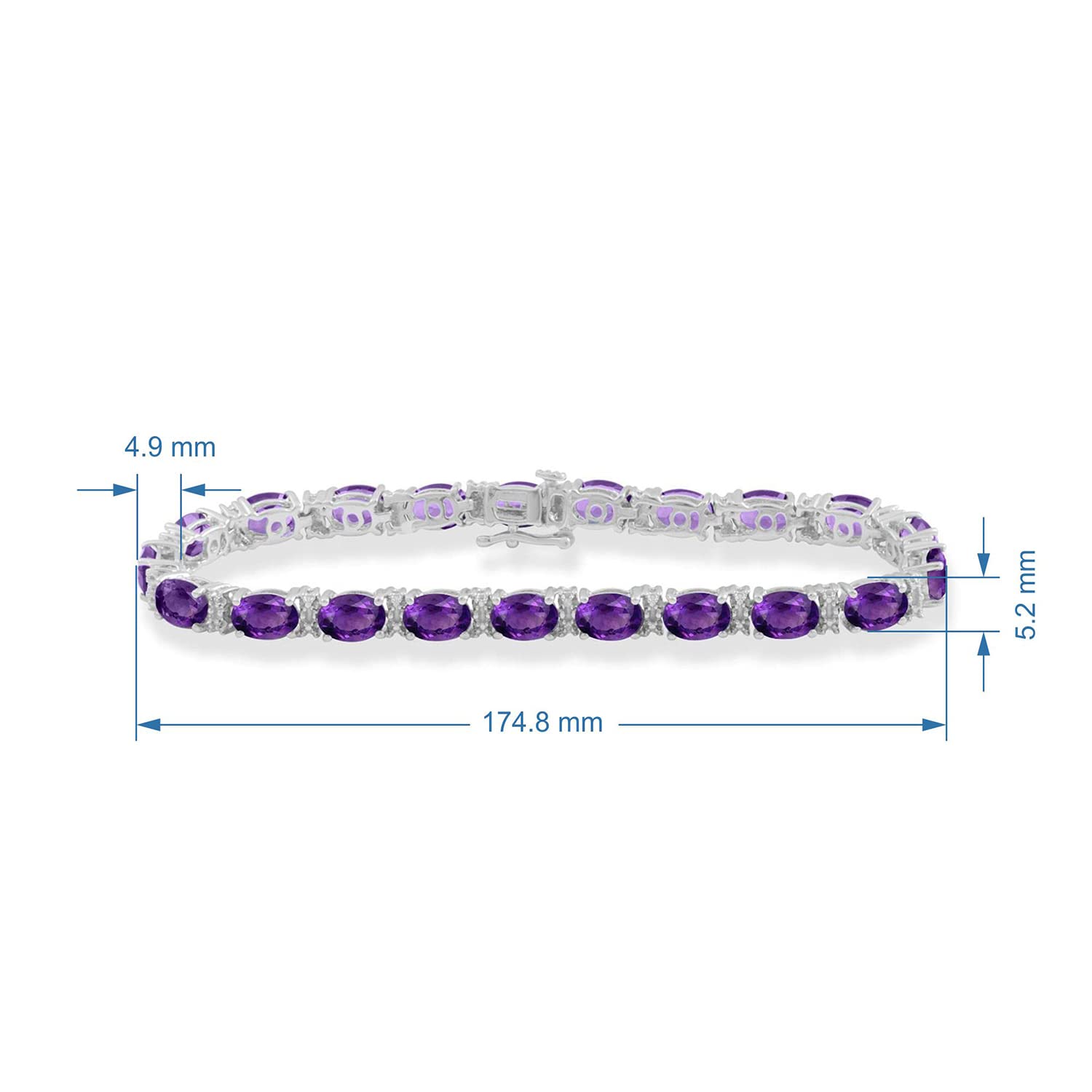 Jewelili Sterling Silver 7x5MM Oval Cut Genuine Amethyst and Natural White Round Diamond Accent Tennis Bracelet, 7.25"