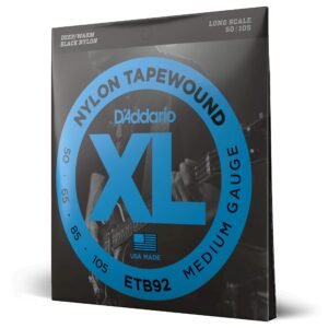 d'addario etb92 tapewound electric bass guitar strings - fits long scale 4 string basses with scale length up to 36.25 inches - medium, 50-105, long scale