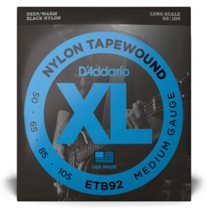 D'Addario ETB92 Tapewound Electric Bass Guitar Strings - Fits Long Scale 4 String Basses with Scale Length Up to 36.25 Inches - Medium, 50-105, Long Scale