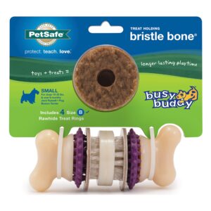 petsafe busy buddy bristle bone - treat-holding toy for dogs - treat rings included - treats thoroughly mixed during bake to prevent choking - rigorously tested ingredients - purple, small