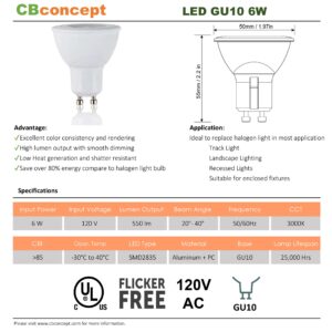 CBconcept UL-Listed GU10 LED Light Bulbs, 5-Pack, 6 Watt, 550 Lumen, Warm White 3000K, 50W Halogen Equivalent, 36°Beam Angle, 120 Volt,Not Dimmable,Recessed/Track Lighting | Designed in San Francisco