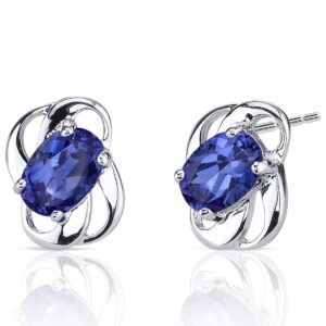 peora created blue sapphire earrings for women 925 sterling silver, 2 carats total oval shape 7x5mm, friction backs