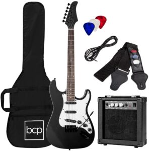 best choice products 39in full size beginner electric guitar starter kit w/case, strap, 10w amp, strings, pick, tremolo bar - jet black