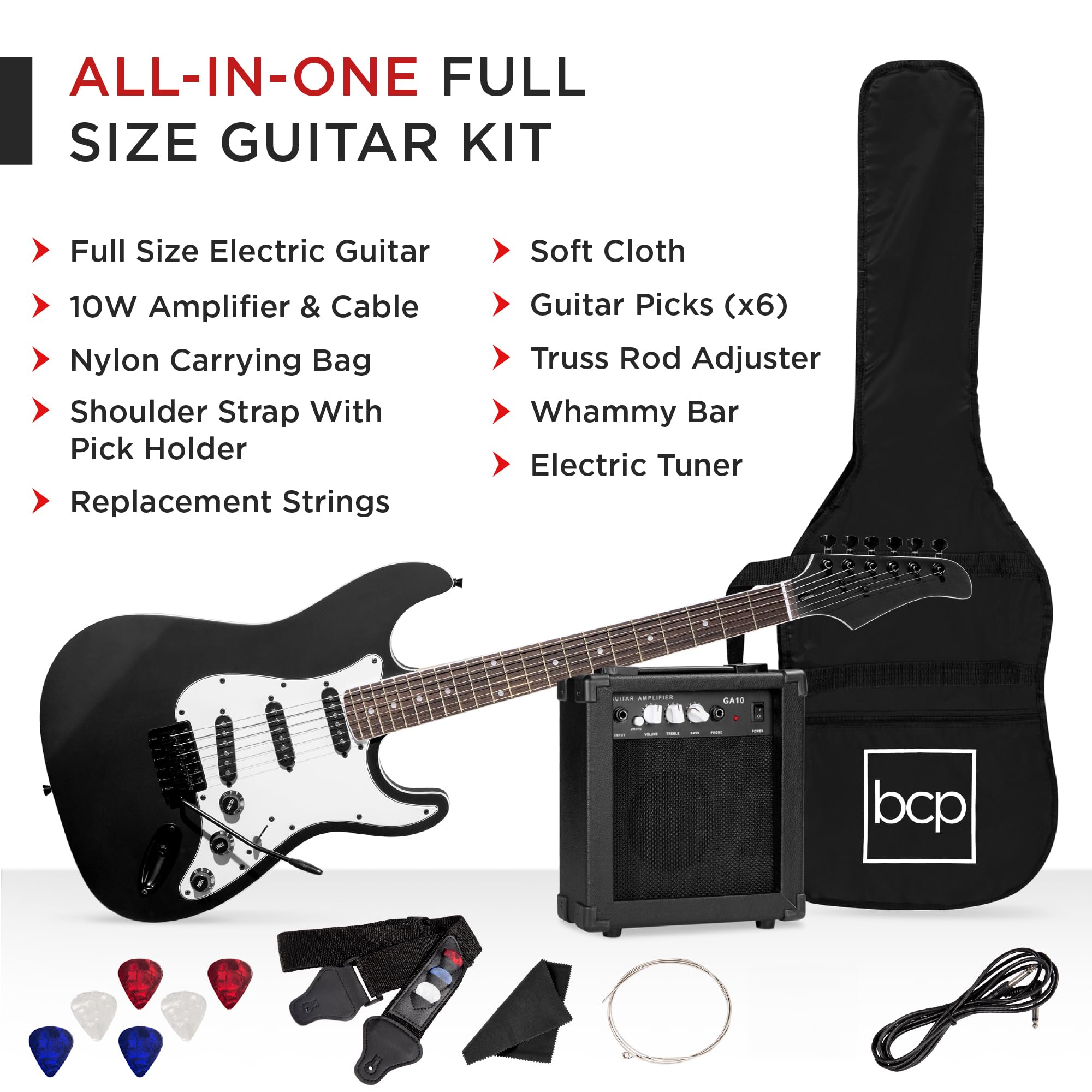 Best Choice Products 39in Full Size Beginner Electric Guitar Starter Kit w/Case, Strap, 10W Amp, Strings, Pick, Tremolo Bar - Jet Black