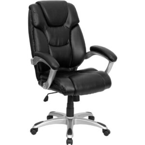 flash furniture heather high back black leathersoft layered upholstered executive swivel ergonomic office chair with silver nylon base and arms