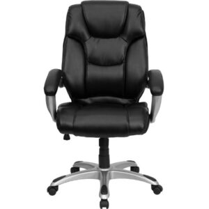 Flash Furniture Heather High Back Black LeatherSoft Layered Upholstered Executive Swivel Ergonomic Office Chair with Silver Nylon Base and Arms