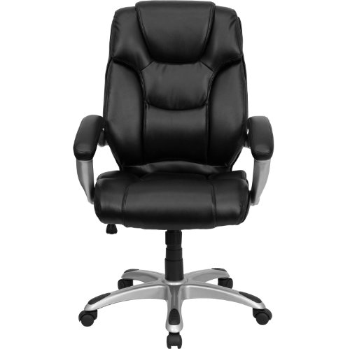 Flash Furniture Heather High Back Black LeatherSoft Layered Upholstered Executive Swivel Ergonomic Office Chair with Silver Nylon Base and Arms