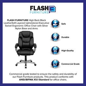 Flash Furniture Heather High Back Black LeatherSoft Layered Upholstered Executive Swivel Ergonomic Office Chair with Silver Nylon Base and Arms