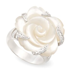 jankuo jewelry rhodium plated carved mother of pearl flower with cubic zirconia cocktail ring