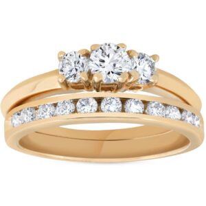 14k yellow gold 1ct diamond engagement wedding ring set 3stone channel set round - size 9