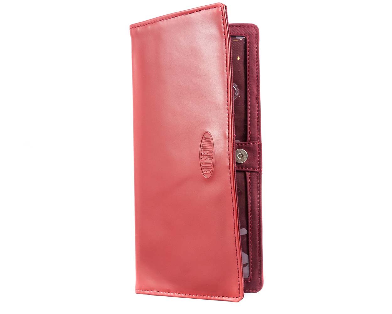 Big Skinny Women's Executive Leather Bi-Fold Checkbook Slim Wallet, Holds Up to 40 Cards, Red