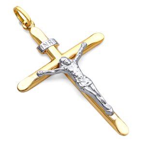 14k real two tone gold religious crucifix jesus cross charm pendant