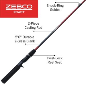 Zebco ZCAST 5'6" 2PC ML CAST ROD, Multi (ZCASTC562MLA,,PB3),Black/Red