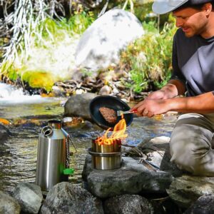 Base Camp 54 Ounce Stainless Steel Kelly Kettle (1.6 Ltr) Rocket Stove Boils Water Ultra Fast with Sticks/Twigs. Enables you to Rehydrate Food or Cook a Meal. For Camping, Fishing, Emergency