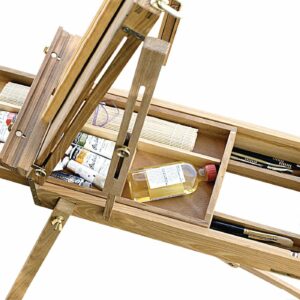 Creative Mark Cezanne Half Box French Easel - Oiled Elm Wood Plein Air Artist Easel, Holds Canvas Up to 33", Comfortable Handle, Divided Supplies Drawer, Brass Hardware, Telescoping Legs