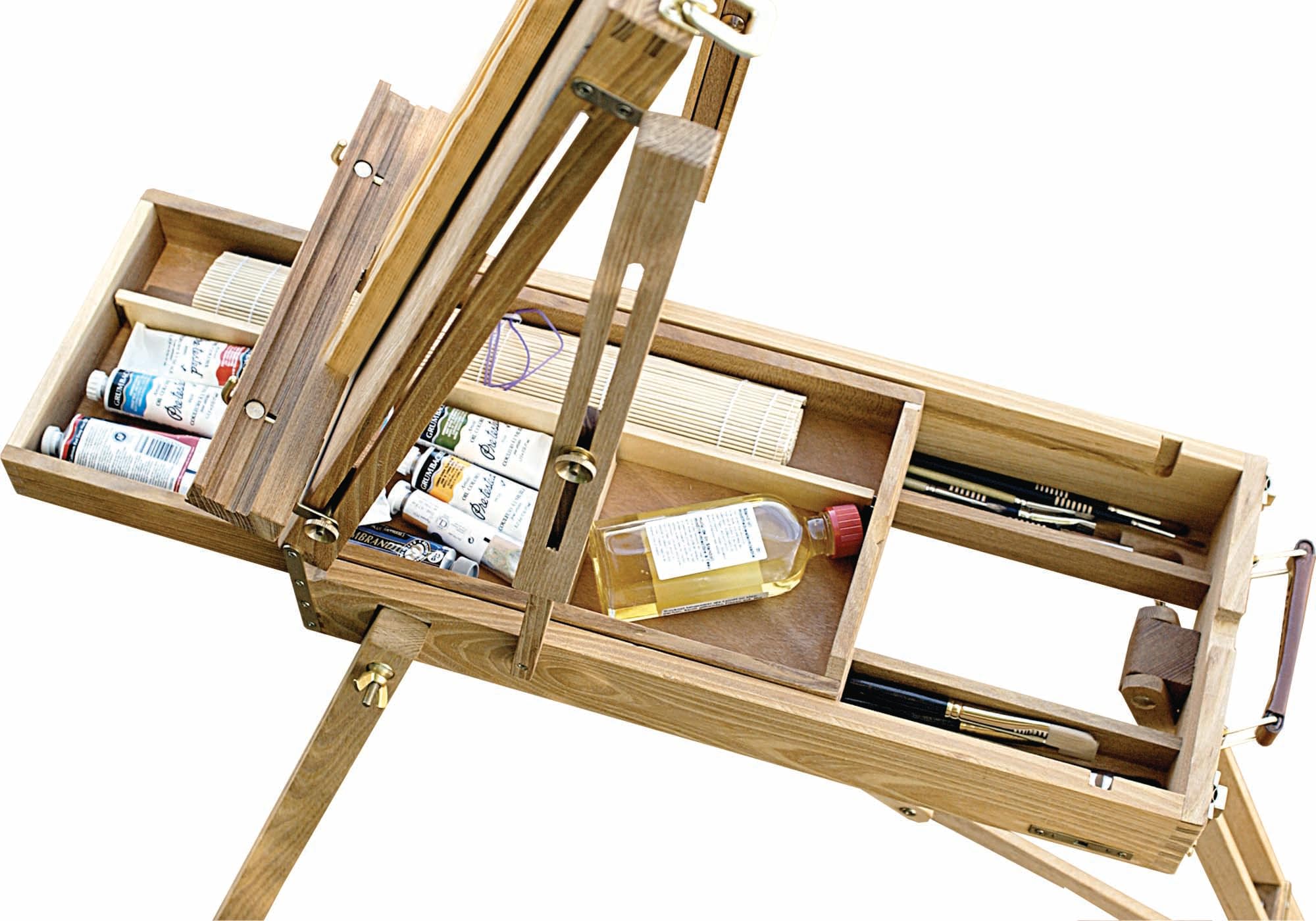 Creative Mark Cezanne Half Box French Easel - Oiled Elm Wood Plein Air Artist Easel, Holds Canvas Up to 33", Comfortable Handle, Divided Supplies Drawer, Brass Hardware, Telescoping Legs