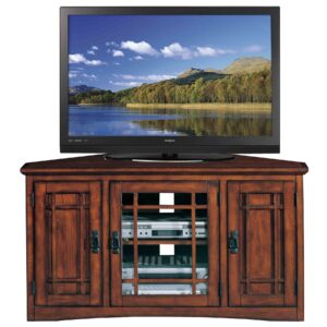 leick home 82385 solid wood mission corner tv stand for 50" tvs, living room entertainment center with three doors and storage shelves, mission oak