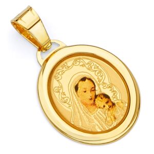 14k real yellow gold religious blessed virgin mary and jesus enamel picture charm pendant