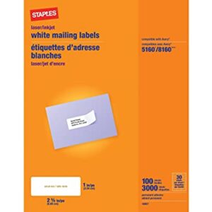 Staples White Inkjet/Laser Address Labels, 1" X 2-5/8", 3,000/Box