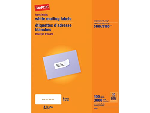 Staples White Inkjet/Laser Address Labels, 1" X 2-5/8", 3,000/Box