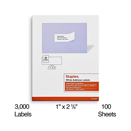 Staples White Inkjet/Laser Address Labels, 1" X 2-5/8", 3,000/Box