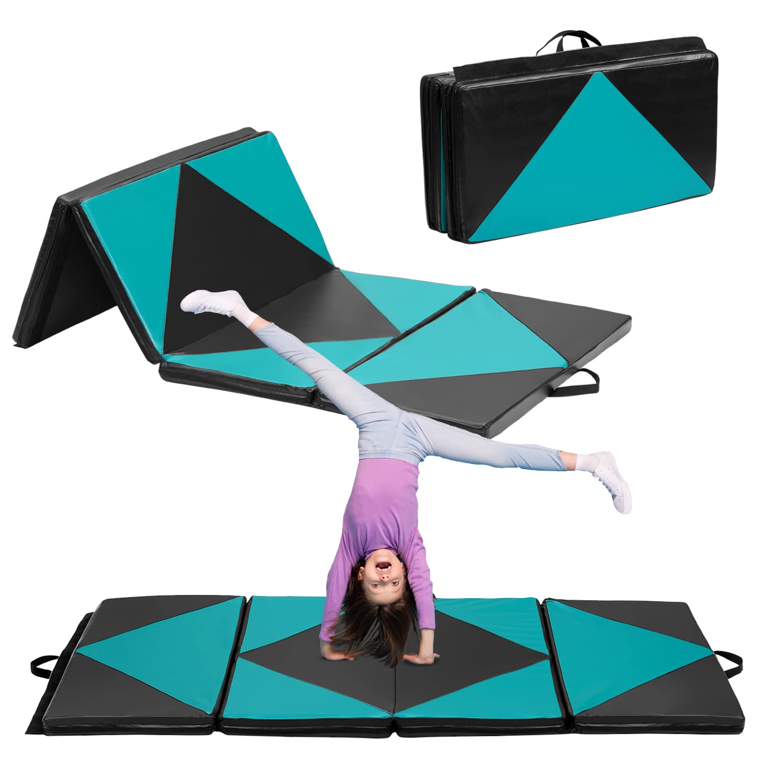 Sunoutife Gymnastics Mat, 3'x6'x2'' Folding Kids' Gymnastics Tumbling Mat with Carrying Handles for Home Gym Exercise & Play