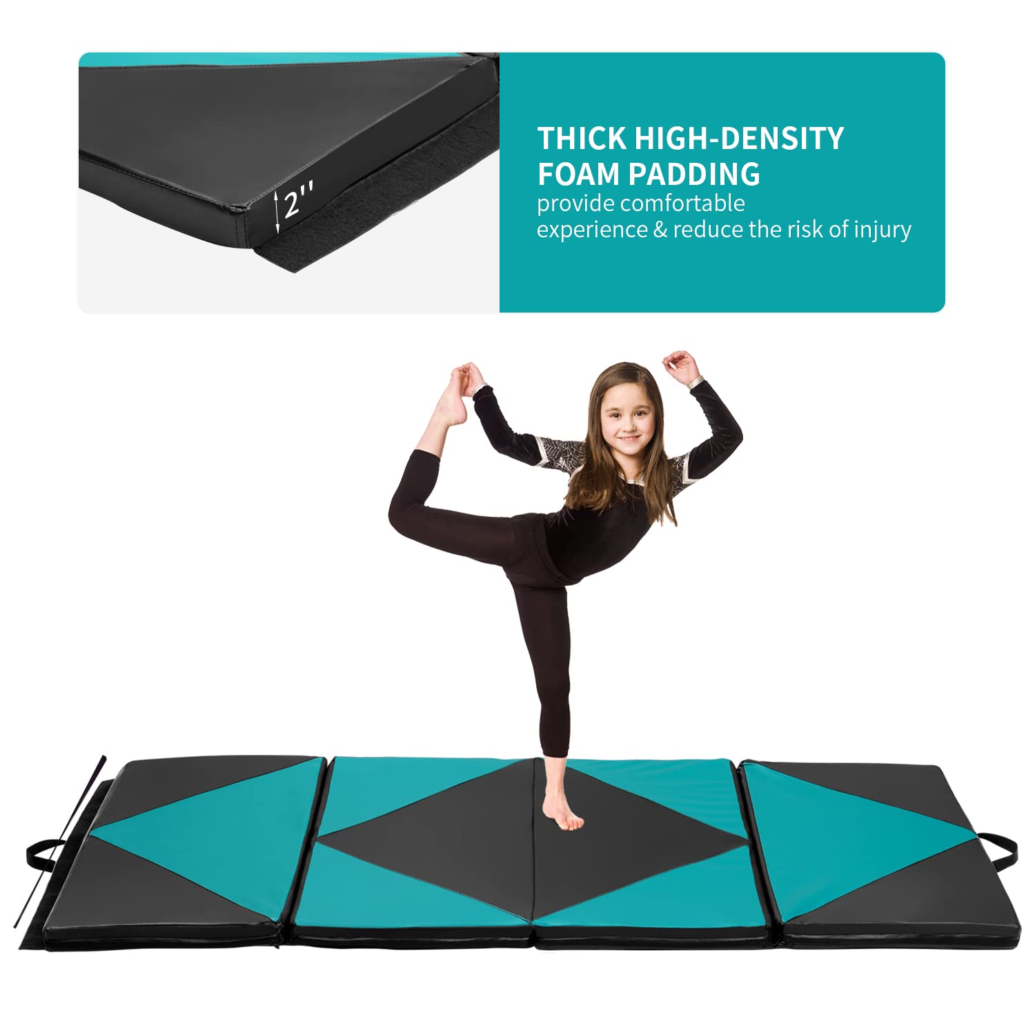 Sunoutife Gymnastics Mat, 3'x6'x2'' Folding Kids' Gymnastics Tumbling Mat with Carrying Handles for Home Gym Exercise & Play