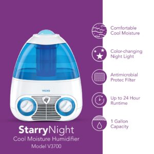 Vicks Starry Night Filtered Cool Mist Humidifier, Medium to Large Rooms, 1 Gallon Tank – Cool Mist Humidifier for Baby and Kids Rooms with Light Up Star Night Light Display, Works with Vicks VapoPads