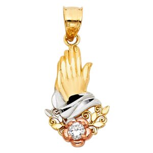 14k real tri color gold religious praying hands cz charm pendant