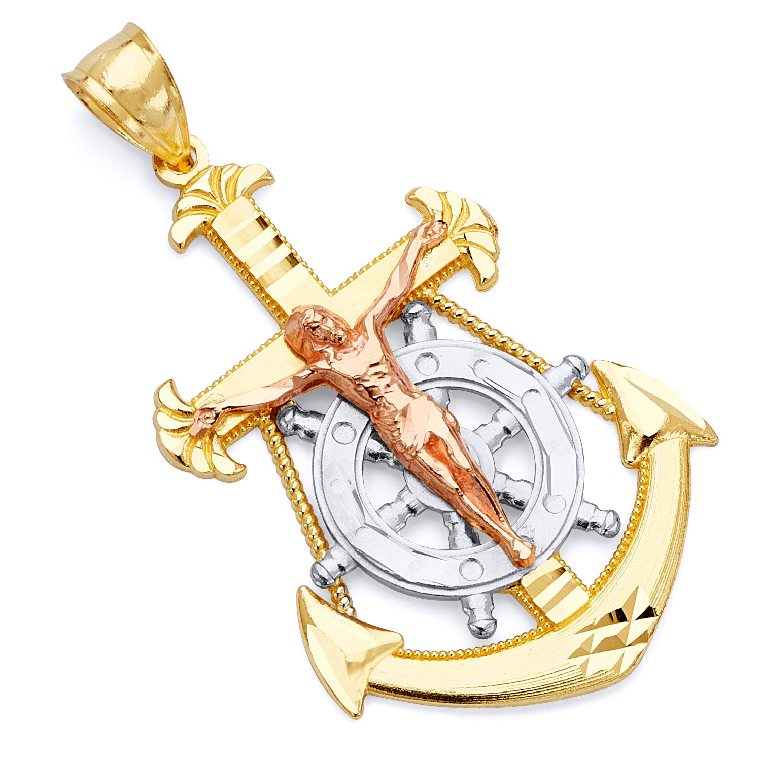 The World Jewelry Center 14k REAL Tri Color Gold Religious Jesus Crucifix Cross Anchor Charm Pendant