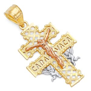 the world jewelry center 14k real tri color gold religious jesus crucifix cross with angel charm pendant