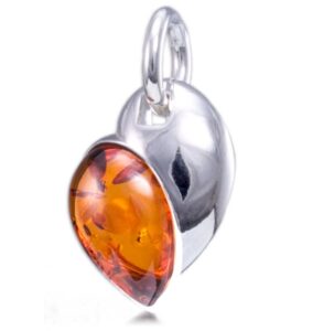 silver amber pendant, baltic amber-cognac amber double heart pendant