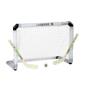 franklin sports knee hockey set - includes 1 light up hockey goal - 2 light up mini hockey sticks and 1 light up ball - nhl - glow in the dark - great for kids