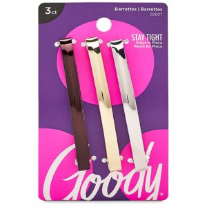 goody metal hair barrettes clips - 3 count, assorted colors - slideproof and lock-in place - suitable for all hair types - pain-free hair accessories for men, women, boys, and girls - all day comfort