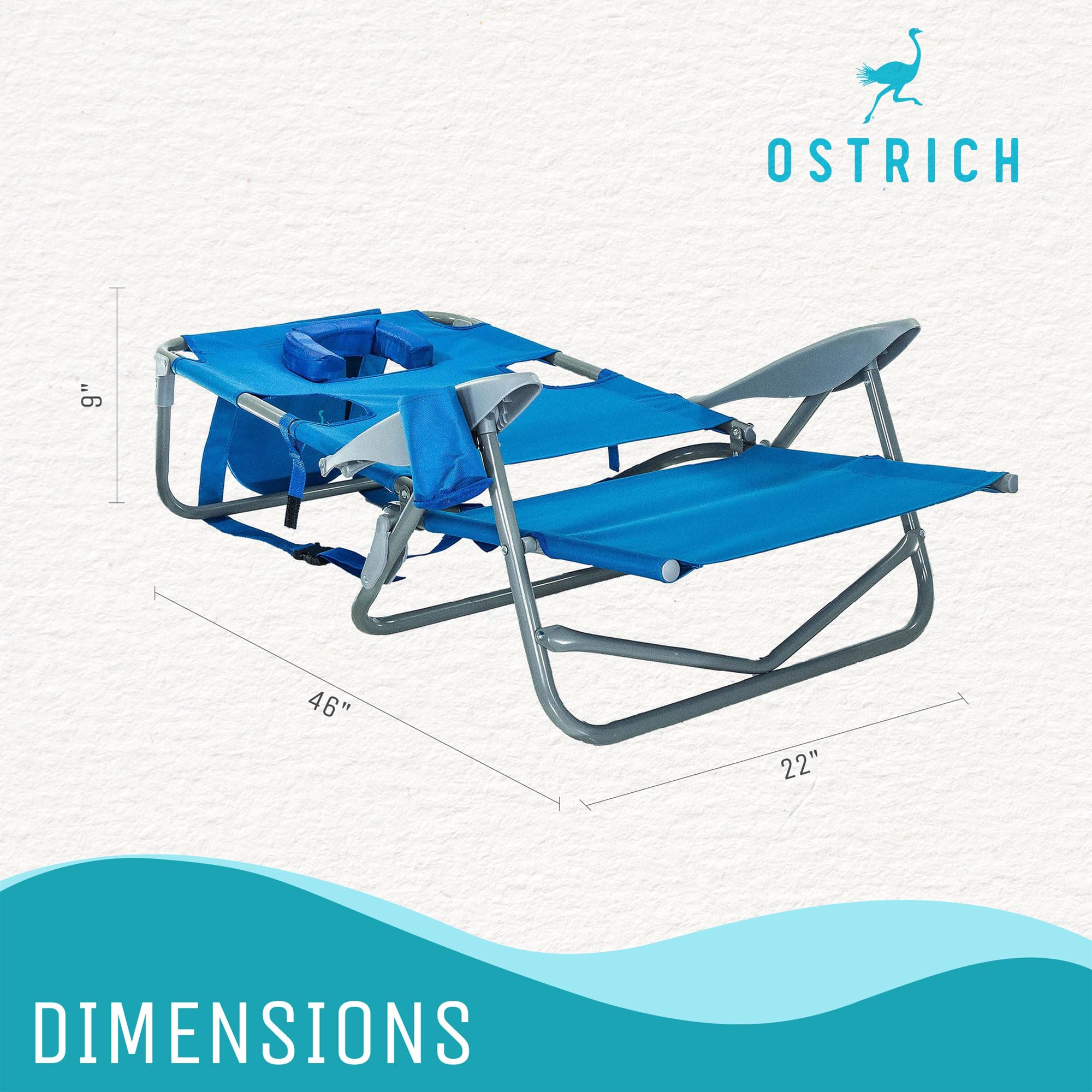 Ostrich On-Your-Back Lightweight Beach Reclining Lounge Lawn Chair with Backpack Straps, Outdoor Furniture for Pool, Camping, Patio, or Backyard, Blue