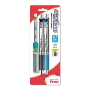 pentel energize automatic pencil with lead and erasers, 0.7mm, assorted, 2 pack (pl77lebp2)