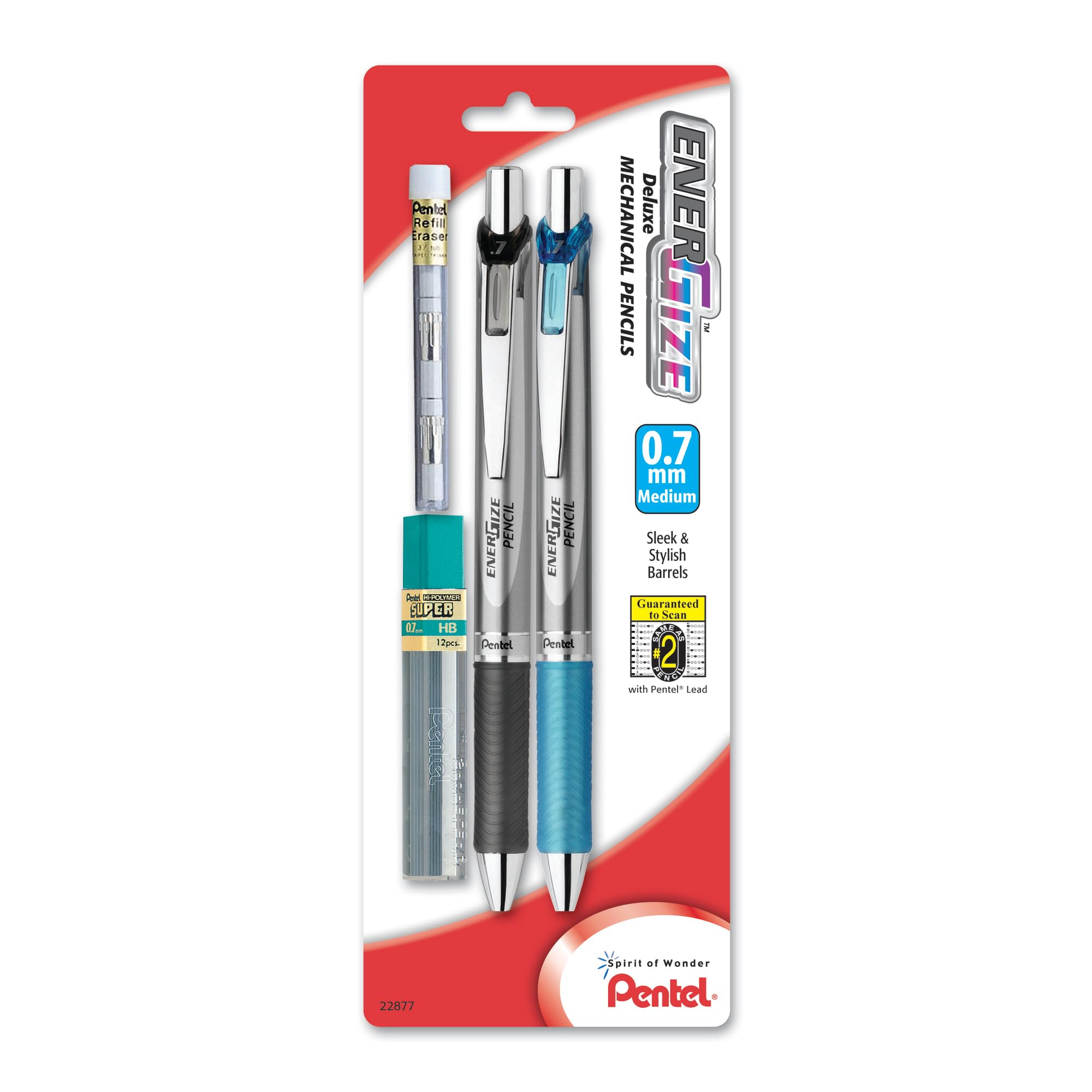 Pentel EnerGize Automatic Pencil with Lead and Erasers, 0.7mm, Assorted, 2 Pack (PL77LEBP2)