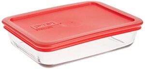 pyrex 3-cup single rectangular food storage container with lid, non-toxic, bpa-free lid, tempered non-pourous glass, microwave, dishwasher, freezer and oven safe, red