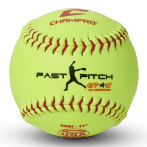 champro game asa fast pitch .47 cor, 375 compression, poly synthetic cover, red stiches (optic yellow, 11-inch), pack of 12