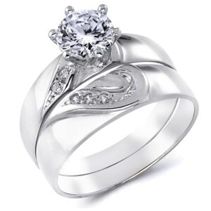 14k white gold solid engagement ring and wedding band 2 piece set - size 7