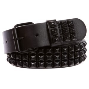 three row of punk rock star metal black studded leather belt, 38"